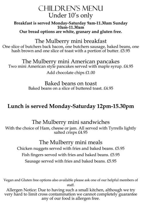 Children's Menu - The Mulberry Cafe at Radway Bridge - Radway Bridge ...